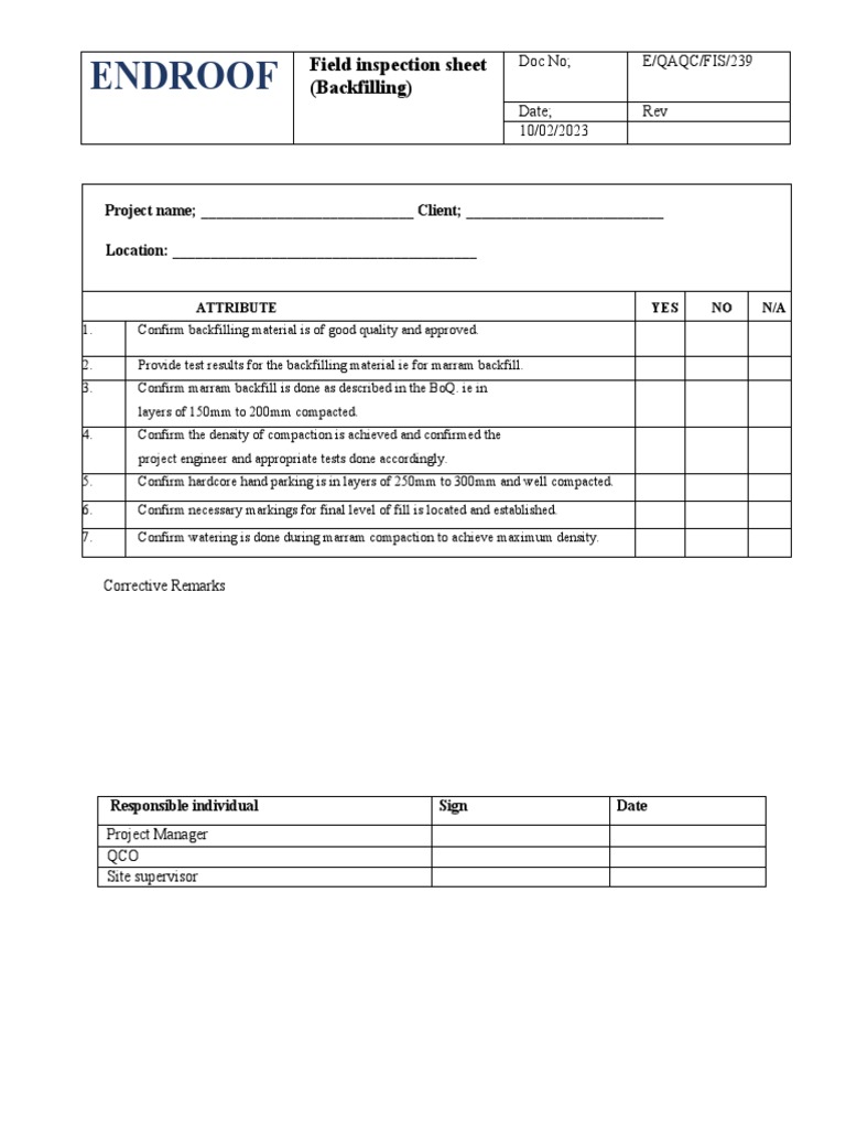 Backfilling Cheklist | PDF
