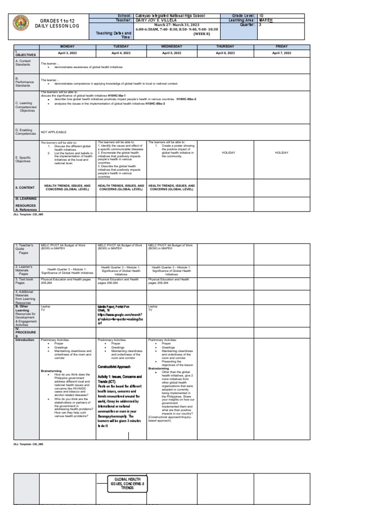 GRADES 1 To 12 Daily Lesson Log: DLL Template: CID - IMS | PDF ...