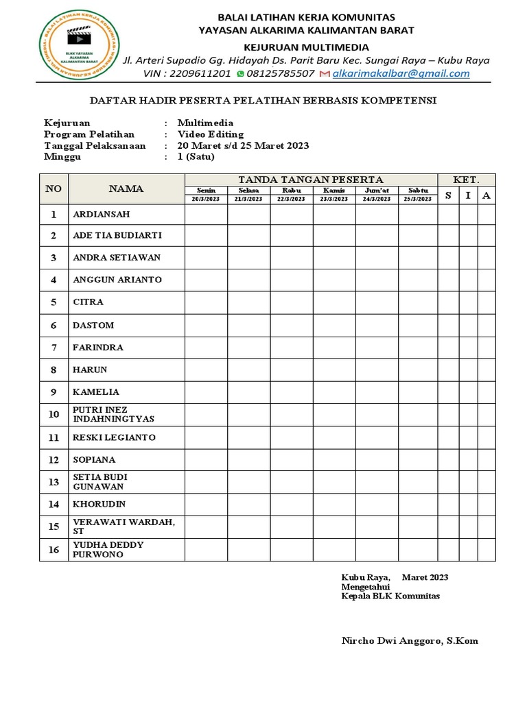 Daftar Hadir Peserta PBK - Sisnaker 2023 | PDF