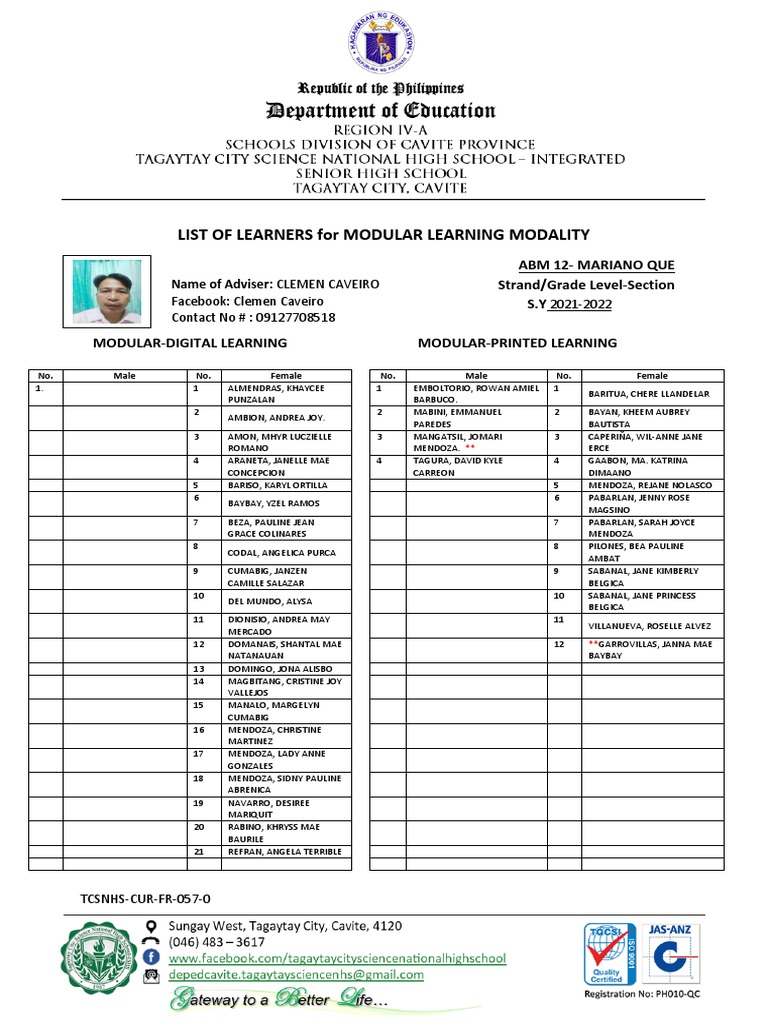 G12 OFFICIAL List of Learners For Modular Learning Modality | PDF