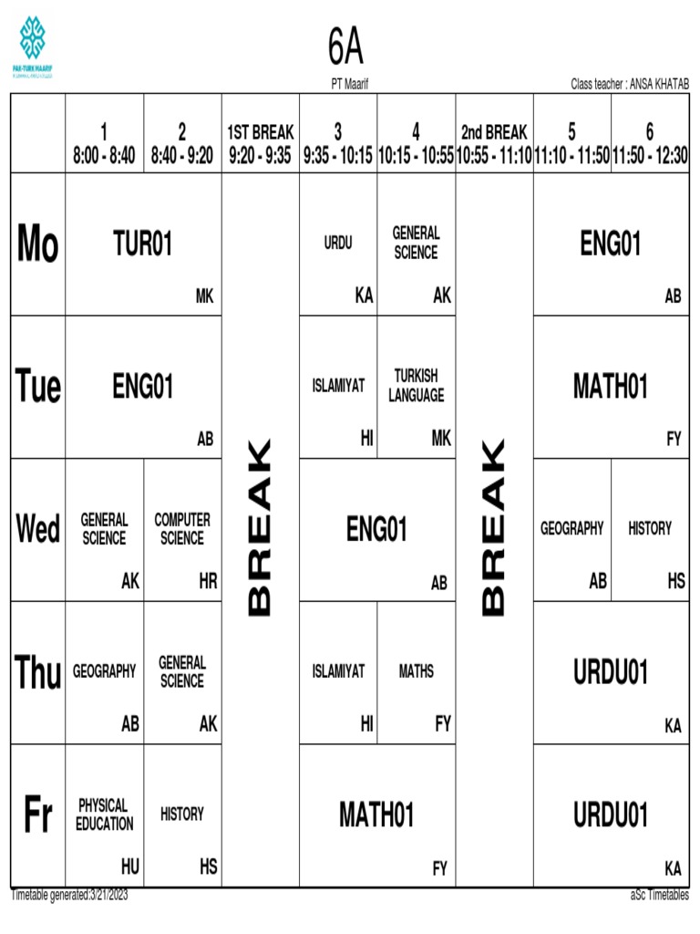 Class Wise Timetable W.E.F Ramazan | PDF | Urdu