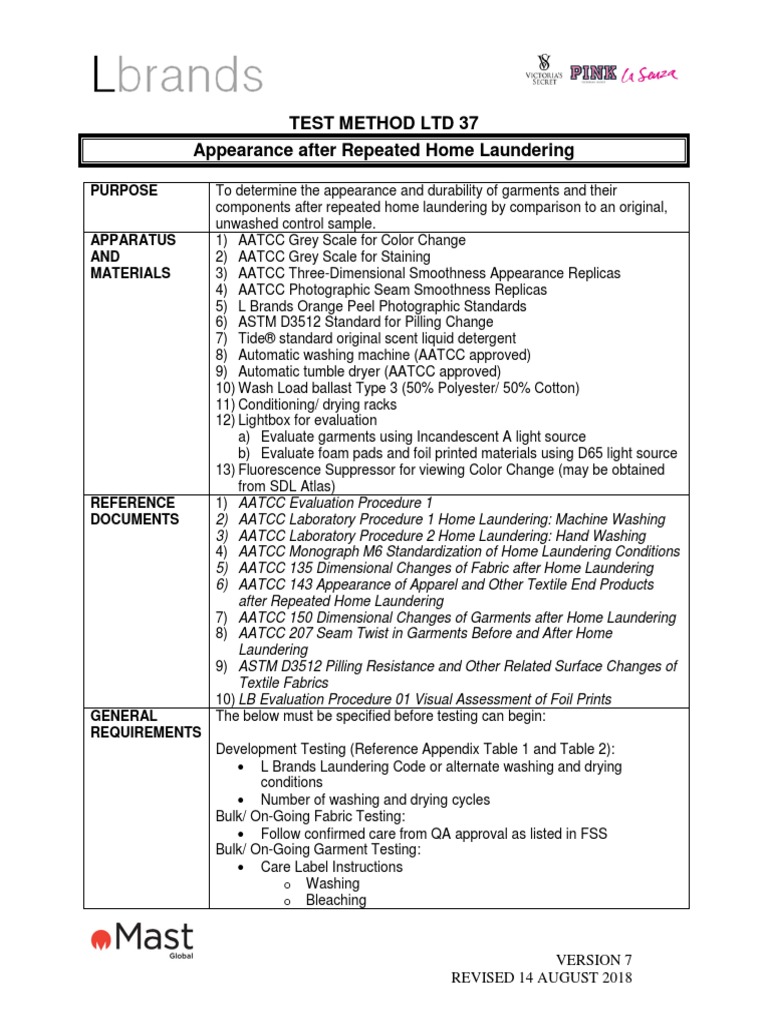 Test Method LTD 37 Appearance After Repeated Home Laundering | PDF ...
