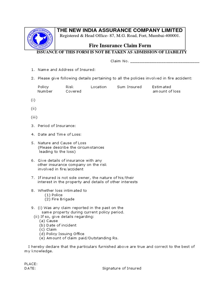 Fire Claim Form New India | PDF | Business | Law