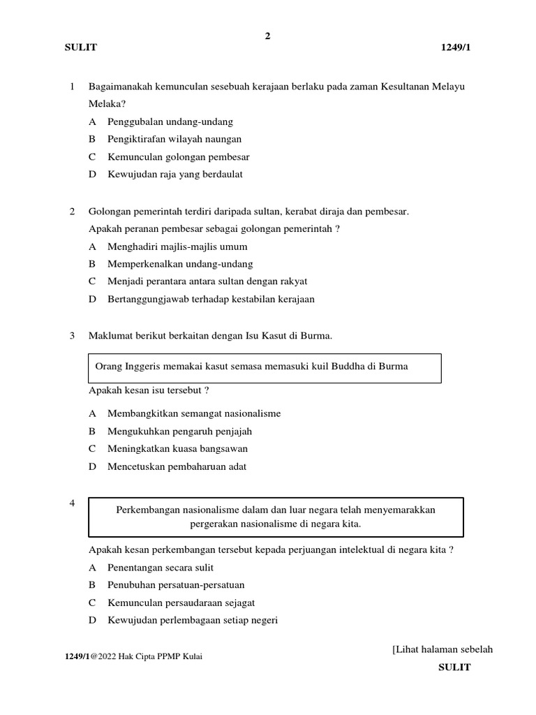 2022 Johor - Kulai K1 Sejarah Set - 1 | PDF
