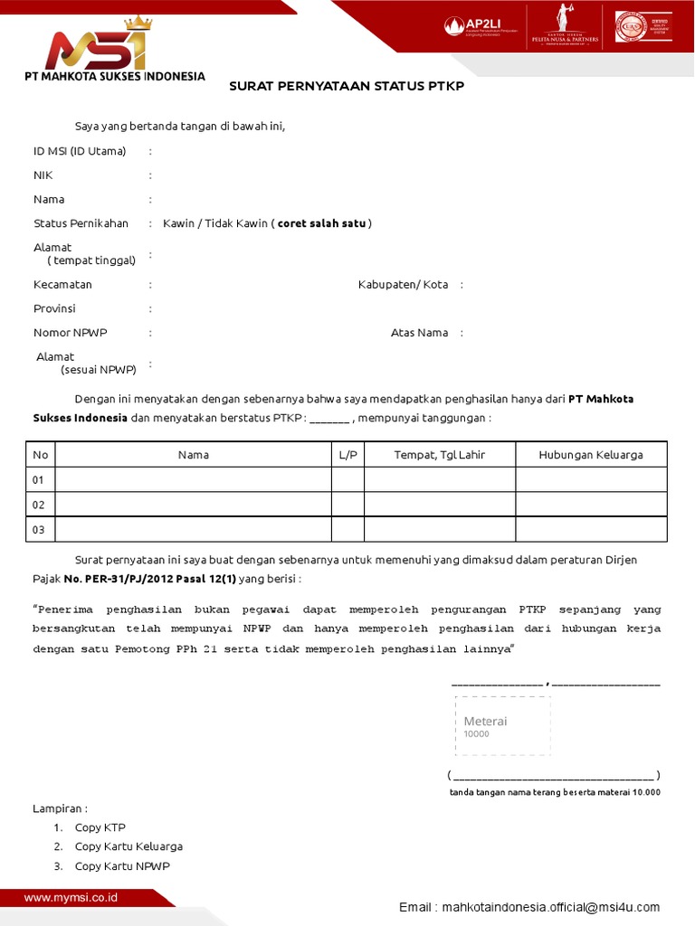 Surat Pernyataan Status Pajak Member MSI New | PDF