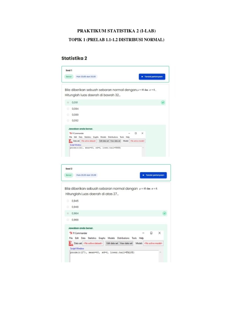 Praktikum Statistika 2 (I-Lab) : Topik 1 (Prelab 1.1-1.2 Distribusi Normal) | PDF