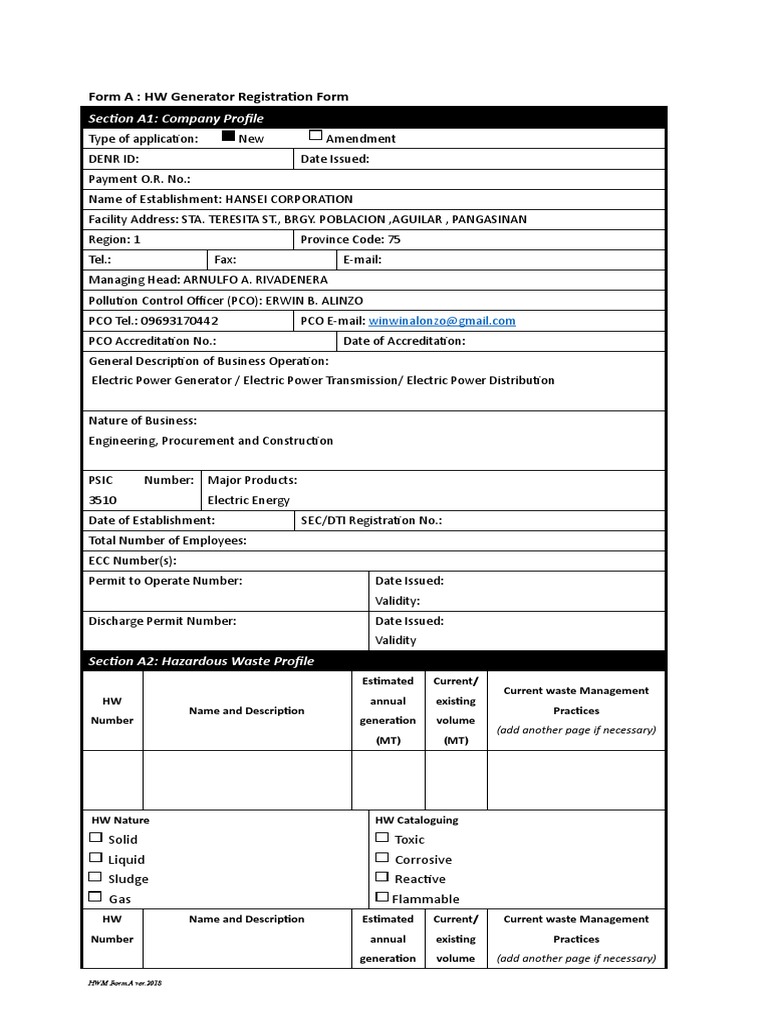 Section A1: Company Profile: Form A: HW Generator Registration Form ...