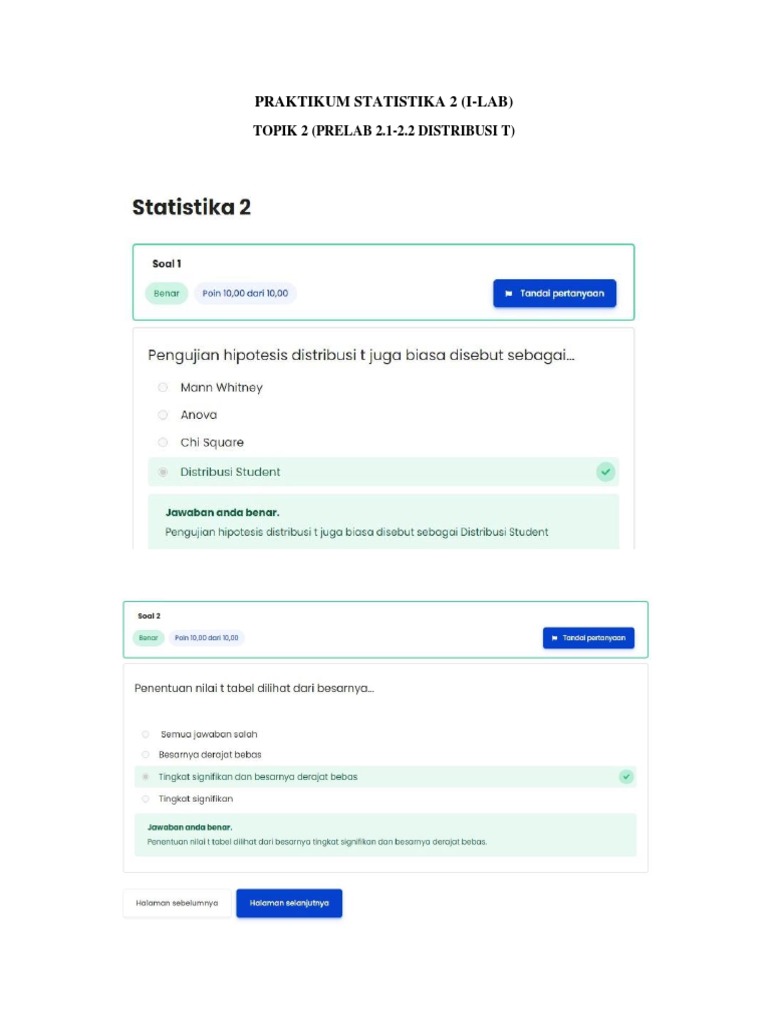 Praktikum Statistika 2 (I-Lab) : Topik 2 (Prelab 2.1-2.2 Distribusi T) | PDF