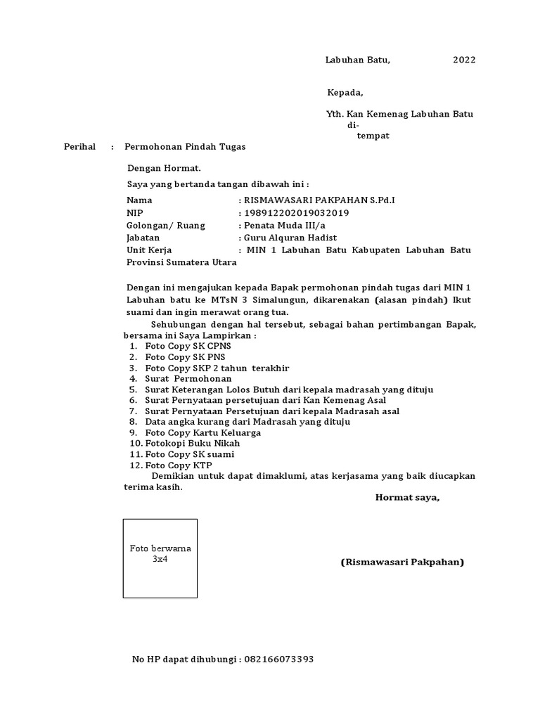 Contoh Surat Permohonan Pindah Antar SKPD | PDF