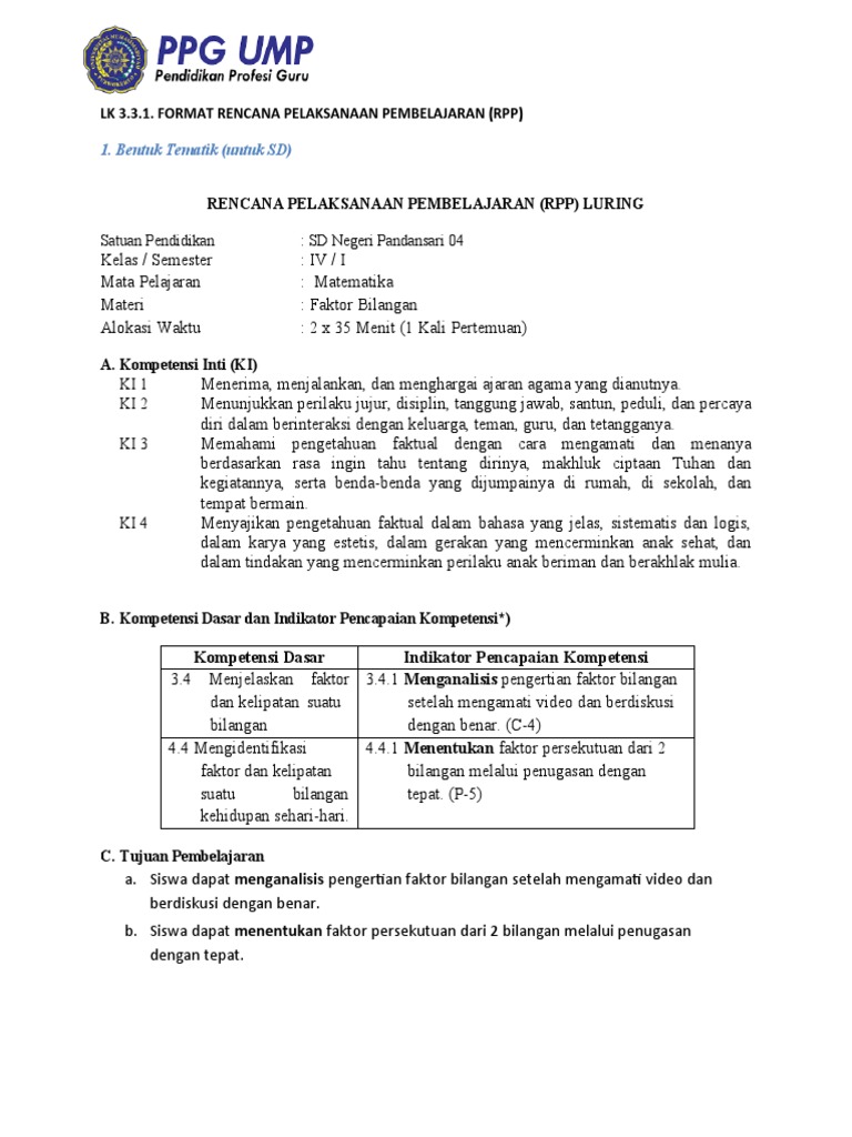LK 3.3.1. Format Rencana Pelaksanaan Pembelajaran (RPP) (Luring) - Komarudin | PDF