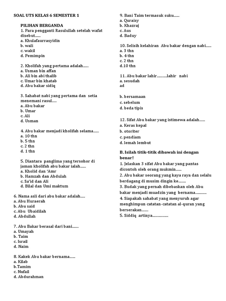 Soal Uts Ski Kelas 6 Semester 1 | PDF