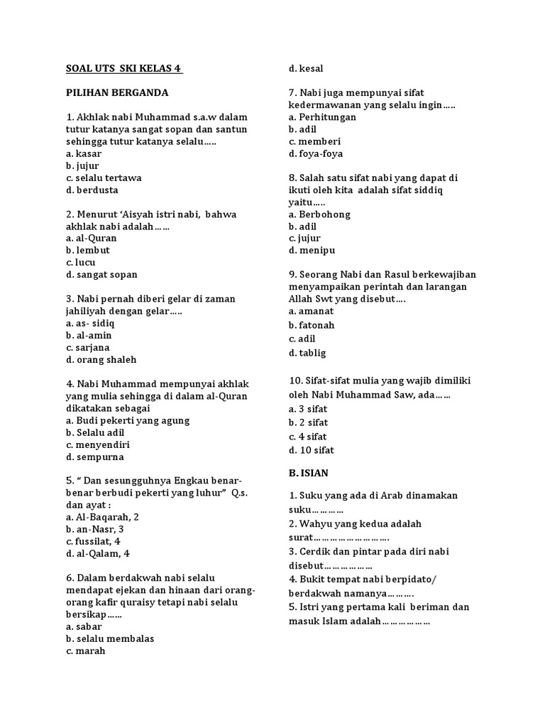 Soal Uts Ski Kelas 4 Sem 1 | PDF