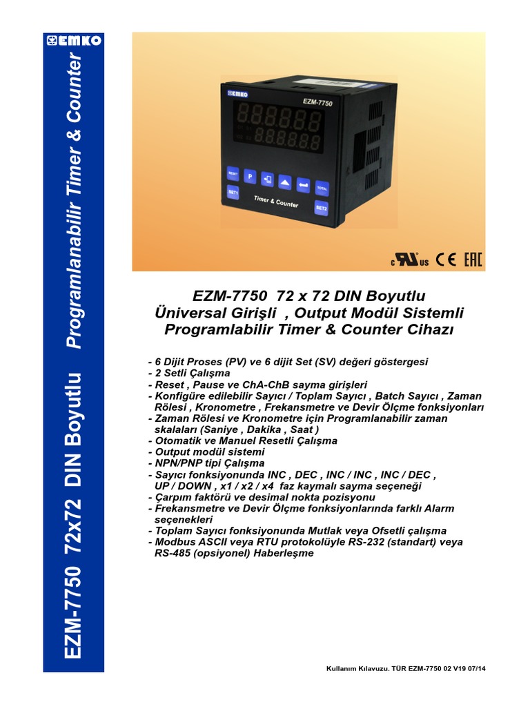 EZM-7750 72 X 72 DIN Boyutlu Üniversal Giriþli, Output Modül Sistemli Programlabilir Timer ...