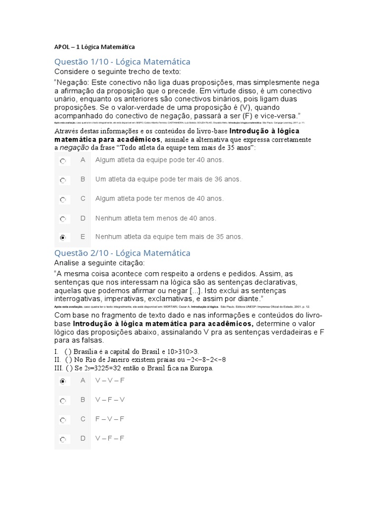 APOL 1 - Lógica Matemática UNINTER | PDF | Lógica matemática | Lógica