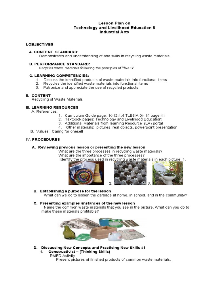 Cot 2 Lesson Plan Industrial Arts 6 | PDF | Recycling | Waste