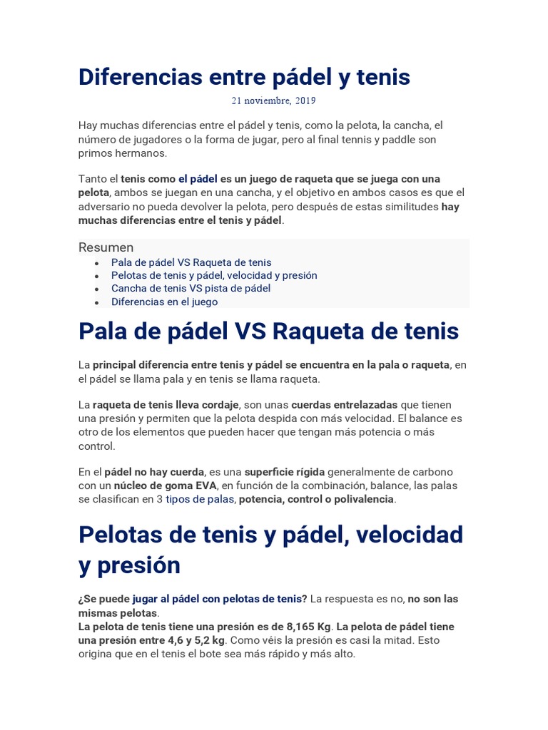 Diferencias Clave entre Pádel y Tenis | PDF | Pelota | Deportes