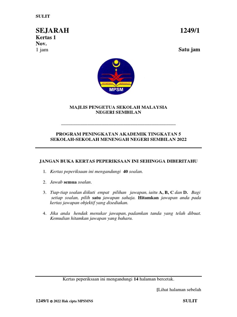 2022 Negeri - Sembilan - MPSM Sejarah K1 | PDF