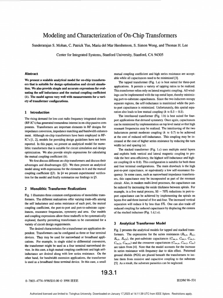 Modeling and Characterization of On-Chip Transformers | PDF | Inductance | Transformer