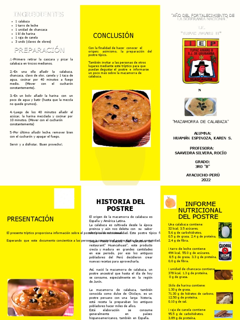 Tríptico Comida Saludable Orgánico - Mazamorra | PDF | Postres | Alimentos