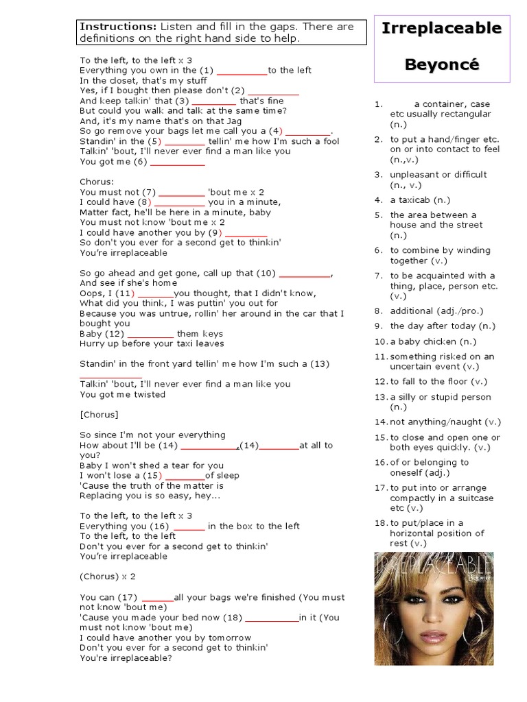 Irreplaceable Lyrics Gap Fill Exercise | PDF | Beyoncé