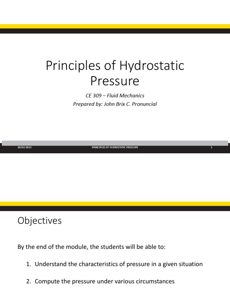 Principles of Hydrostatic Pressure: CE 309 - Fluid Mechanics Prepared ...