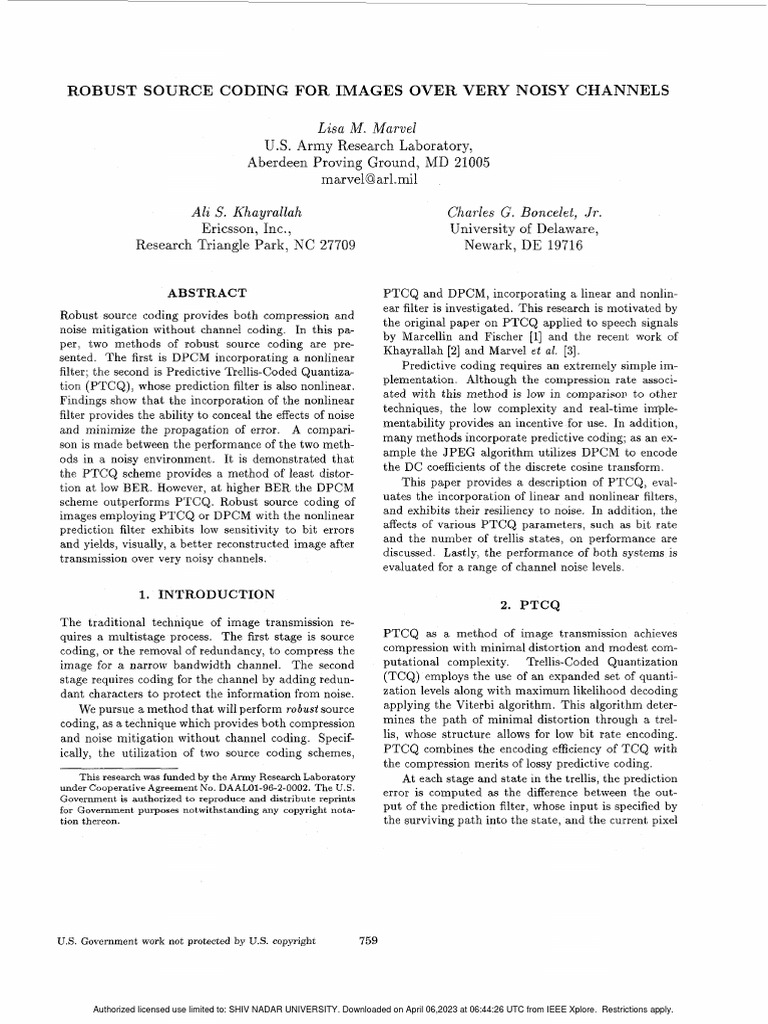 Robust Source Coding For Images Over Very Noisy Channels | PDF | Data Compression | Filter ...