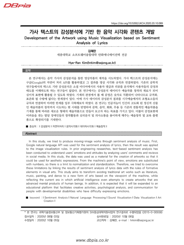 Development of The Artwork Using Music Visualization Based On Sentiment Analysis of Lyrics | PDF