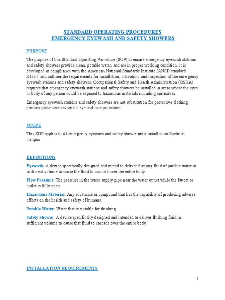 Standard Operating Procedures Emergency Eyewash AND Safety Showers ...