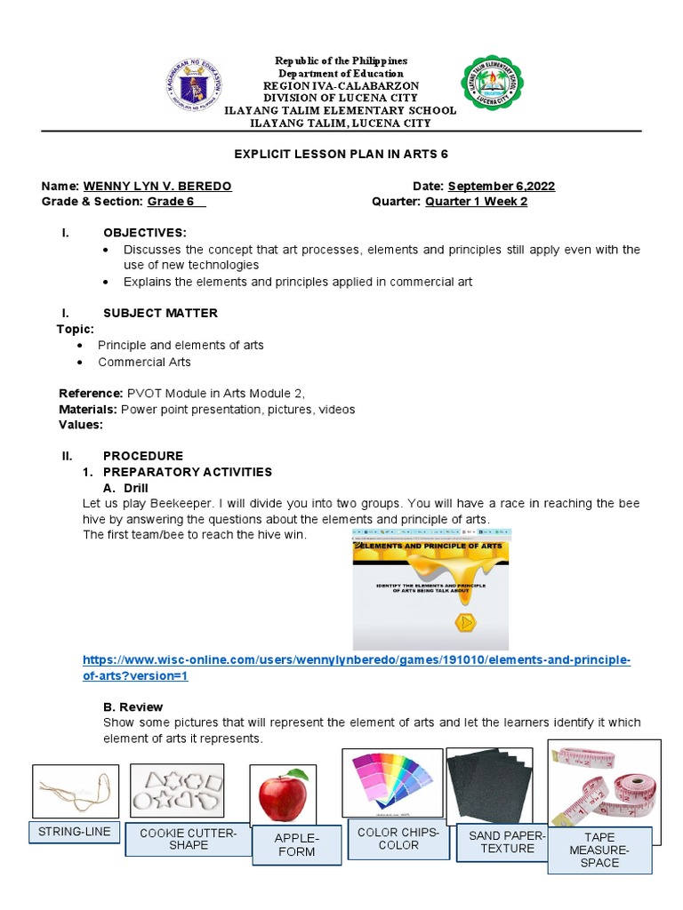 Explicit Lesson Plan in Arts Week 2 | PDF | Advertising | Design