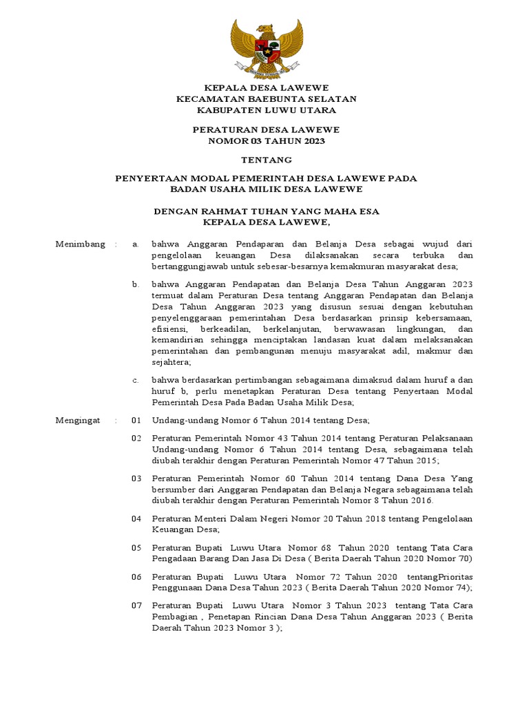Perdes Penyertaan Modal BUMDesa | PDF