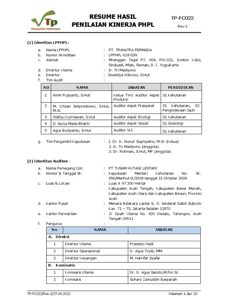 Penilaian Kinerja PT Tusam Hutani Lestari | PDF