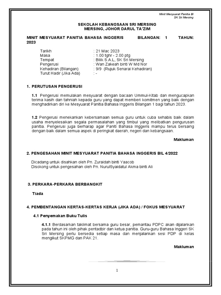 Minit Mesyuarat Bi 1 2023 | PDF