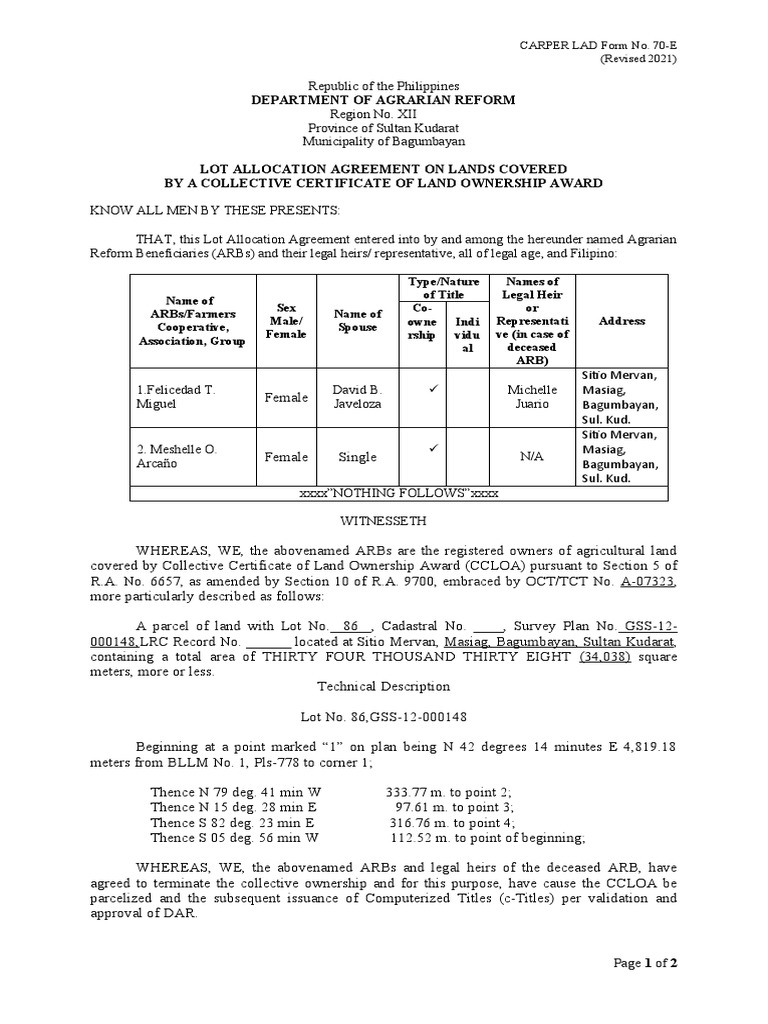 Department of Agrarian Reform: CARPER LAD Form No. 70-E (Revised 2021 ...