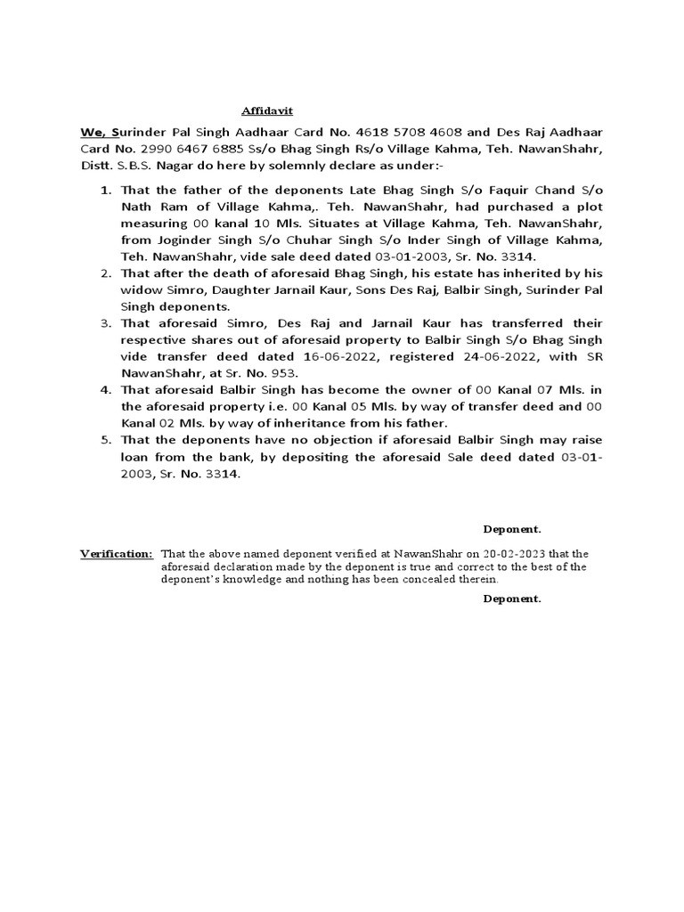 Affidavot Sale Deed No Objection | PDF