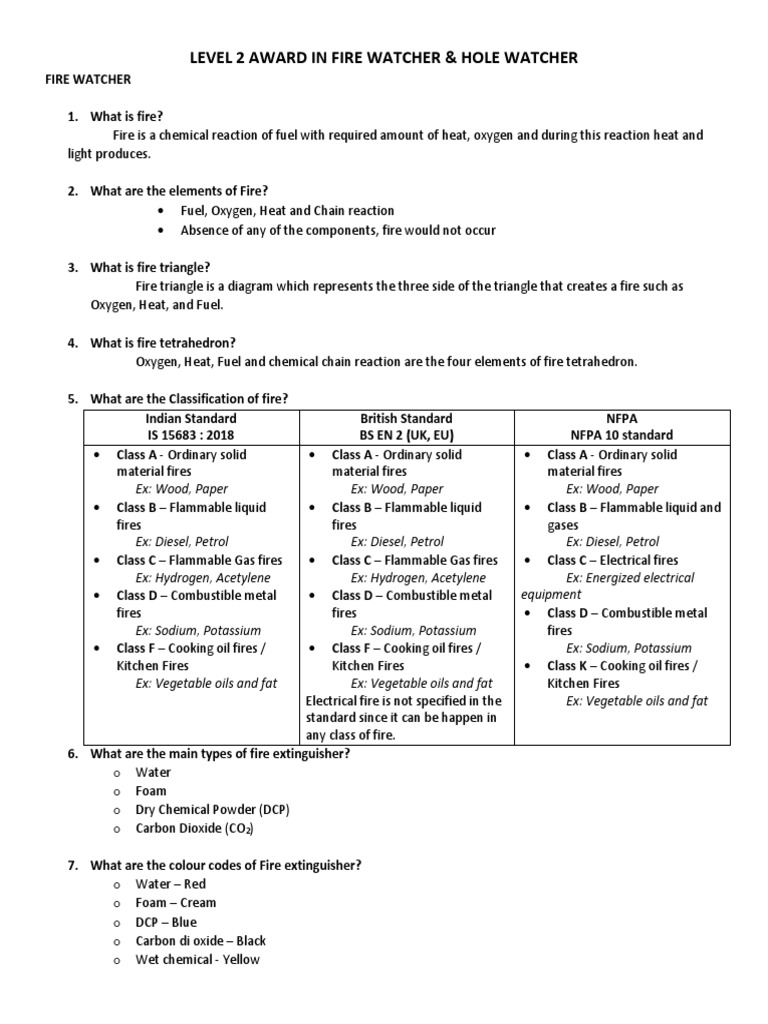 FIRE WATCHER & HOLE WATCHER QUESTIONS & ANSWERS | PDF | Fires | Combustion