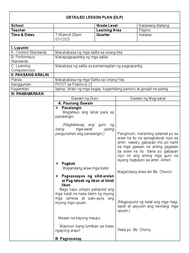 DETAILED LESSON PLAN in Filipino 2 | PDF
