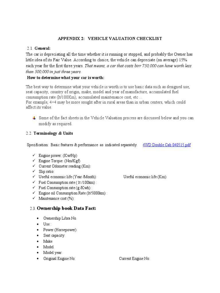 Appendix 2 - Vehicle Valuation Checklist | PDF | Fuel Economy In Automobiles | Car