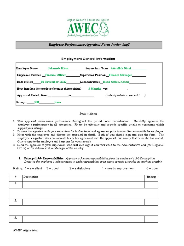 Appraisal Form Junior Staff Format | PDF | Performance Appraisal ...