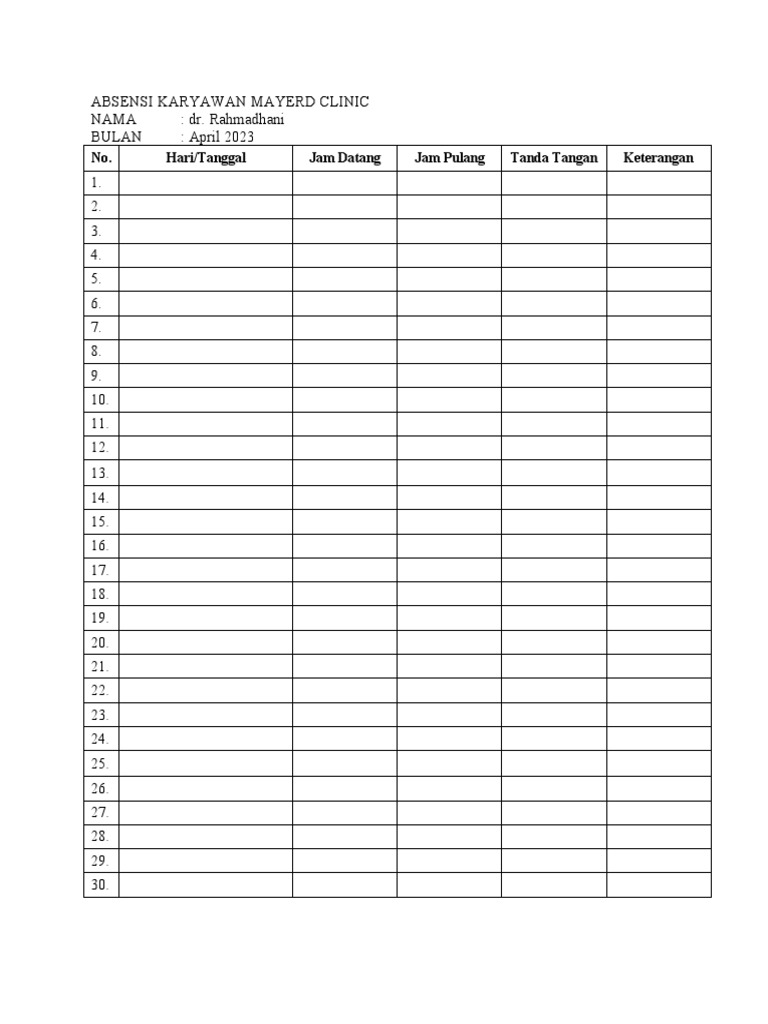 Tabel Absensi Karyawan Mayerd Clinic | PDF