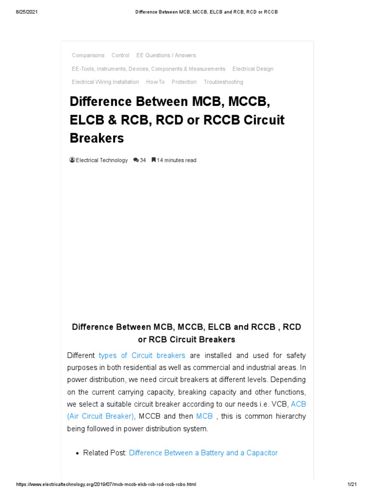 Difference Between MCB, MCCB, ELCB and RCB, RCD or RCCB | PDF | Fuse ...