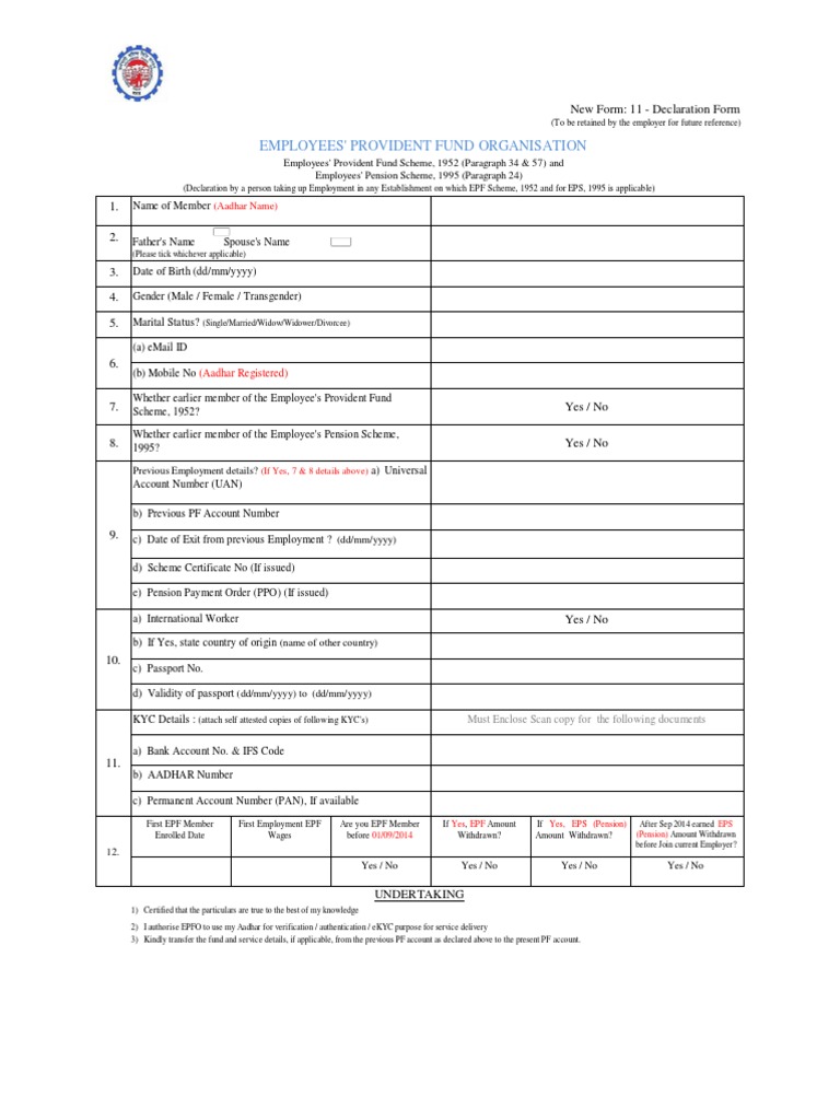 EPF - New Form No. 11 - Declaration Form | PDF | Access Control | Authentication