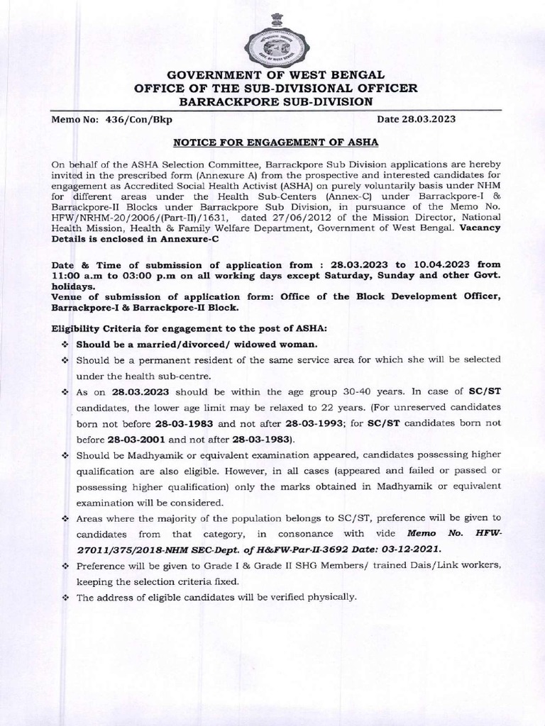 Government Notice for ASHA Volunteer Applications | PDF | Identity ...
