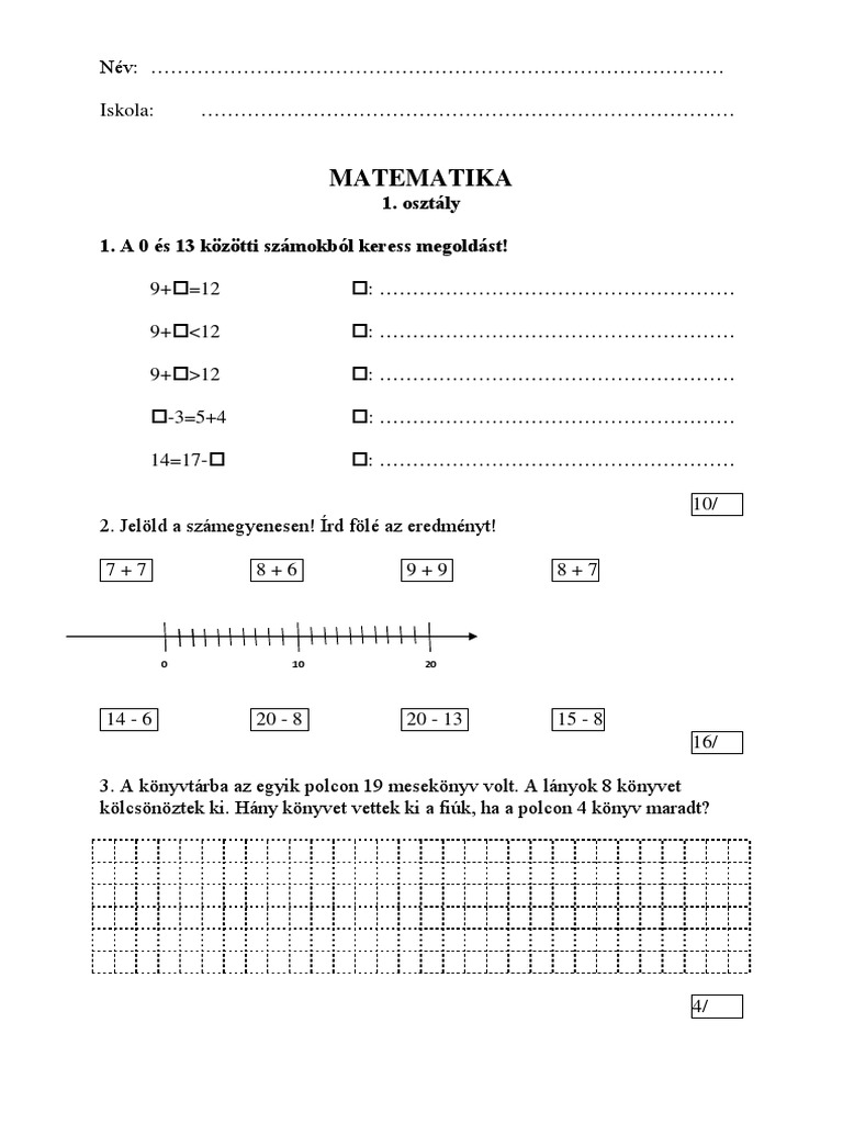 MATEMATIKA 1. Osztály | PDF