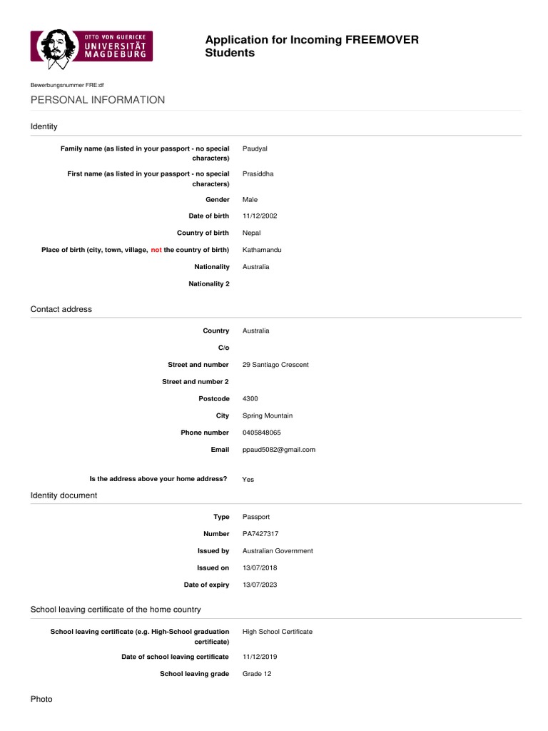 Personal Information: Application For Incoming FREEMOVER Students | PDF ...