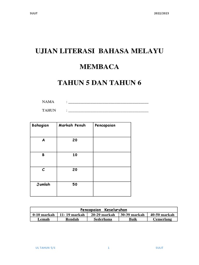 Ujian Literasi BM Tahun 6 Membaca | PDF