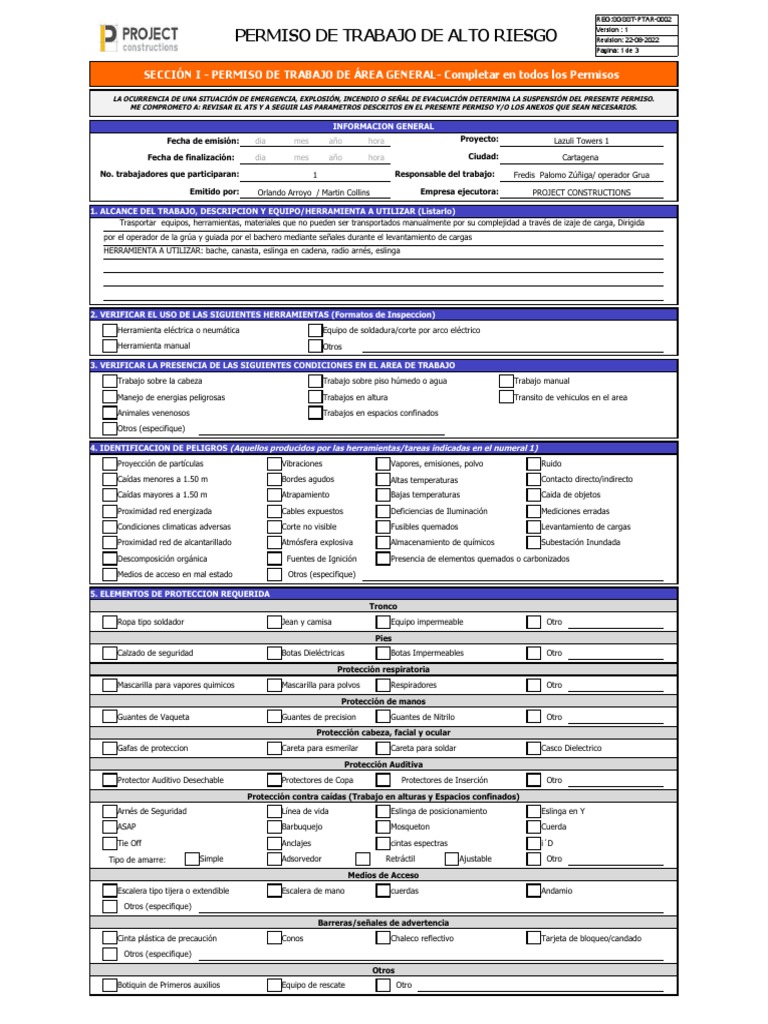 Permiso de Trabajo de Alto Riesgo: SECCIÓN I - PERMISO DE TRABAJO DE ÁREA GENERAL-Completar en ...