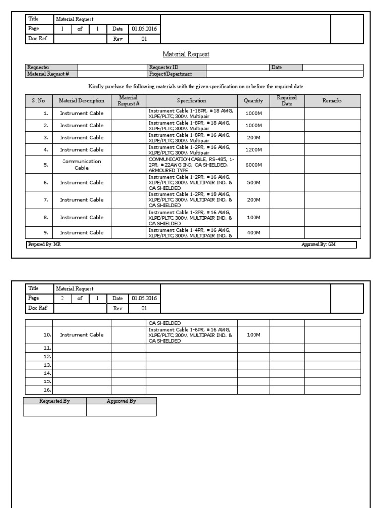 Material Request for Cables | PDF