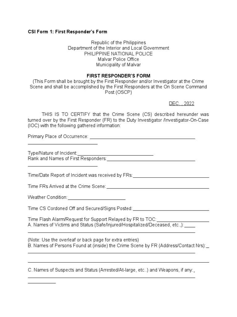 CSI Form 1: First Responder's Form | PDF | Crime Scene | Forensic Science