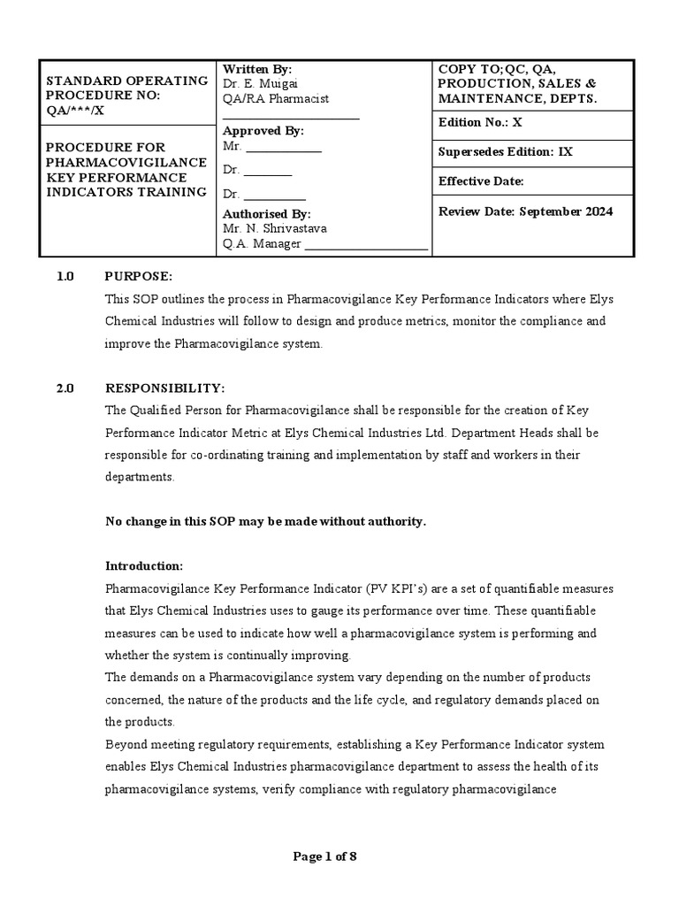 Standard Operating Procedure For Key Peformance Indicators | PDF | Pharmacovigilance | Quality ...