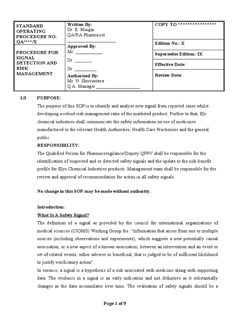 Standard Operating Procedure For Signal Detection | PDF ...